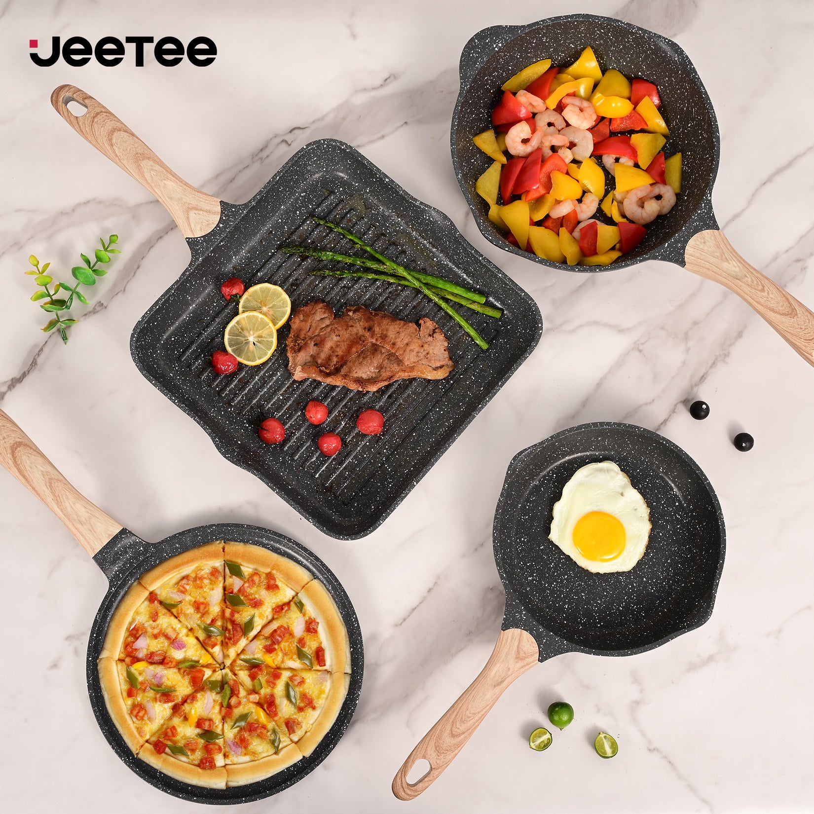 JEETEE Pots and Pans Set Nonstick, Induction Granite Coating Cookware ...